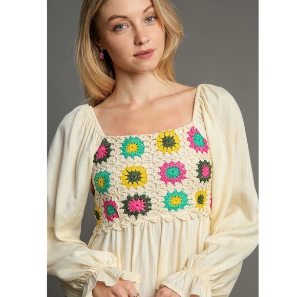 Umgee | Dresses | The Lila Cream Linen Granny Square Fit Flare Dress ...